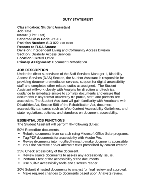 DUTY STATEMENT Student Assistant - CalCareers Doc Template | pdfFiller