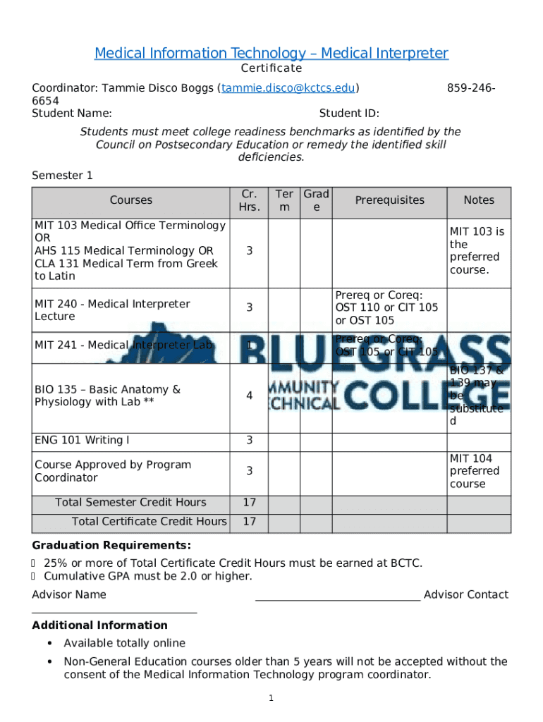 Certificates Medical Interpreter - KCTCS Doc Template | pdfFiller