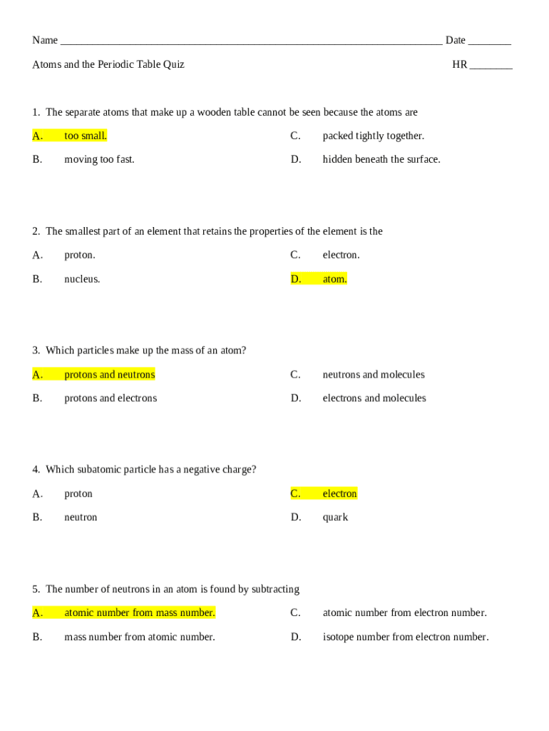 Periodic Table Multiple Choice Test - Review Game Zone Doc Template ...