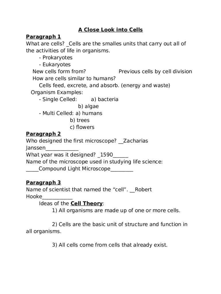 A Close Look into Cells Paragraph 1 Doc Template | pdfFiller