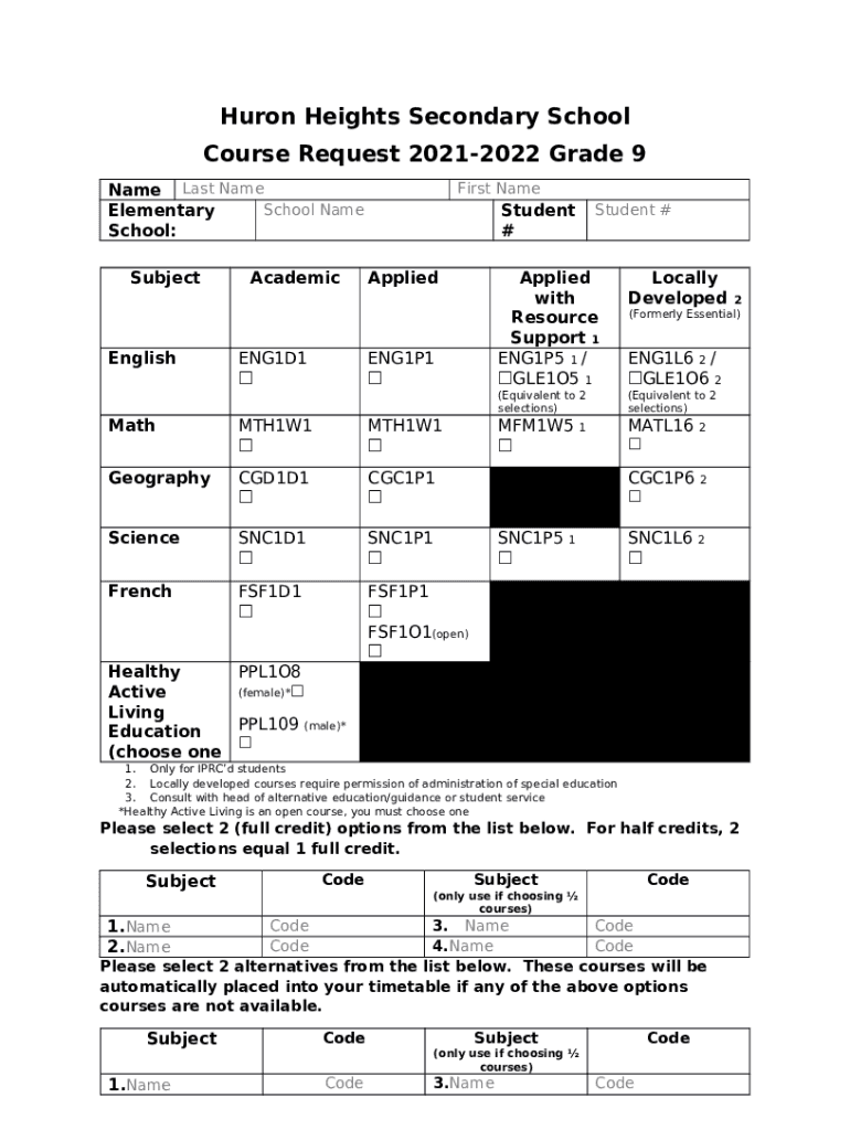 Grade 9 Course Selection (21-22) Doc Template | pdfFiller
