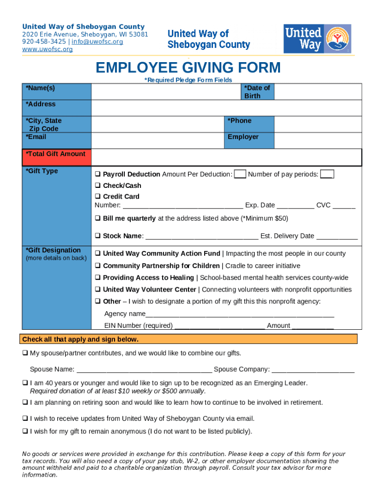 employee giving - United Way of Sheboygan County Doc Template | pdfFiller