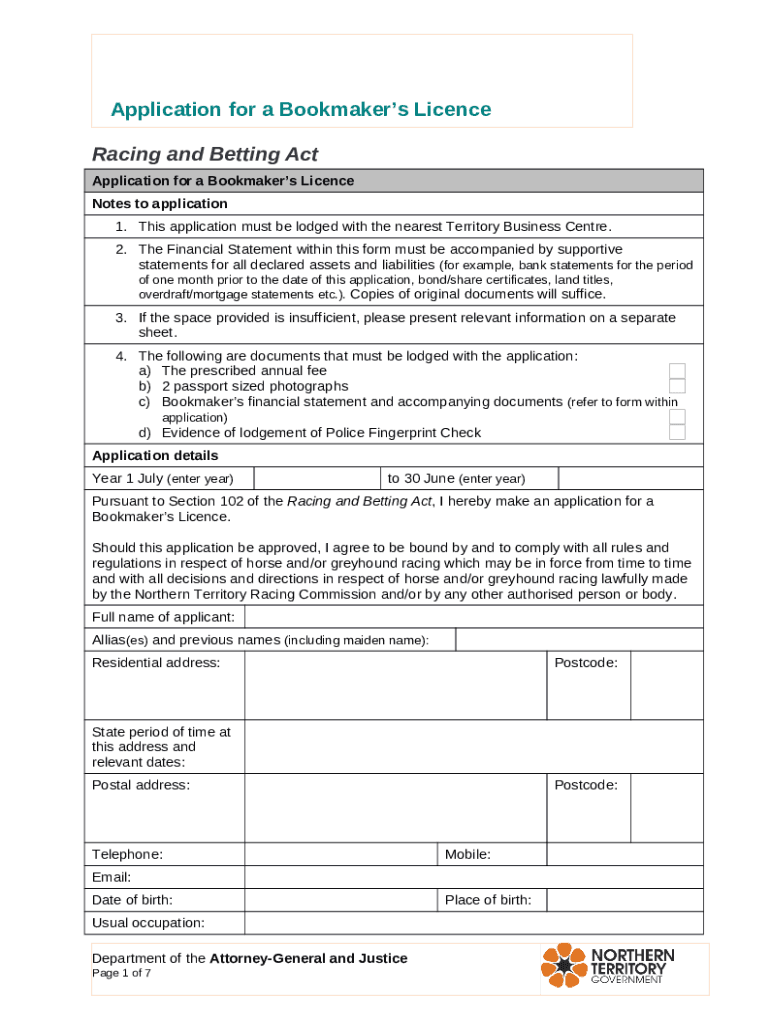 Application for renewal of a sports bookmaker's licence - nt gov Doc Template | pdfFiller
