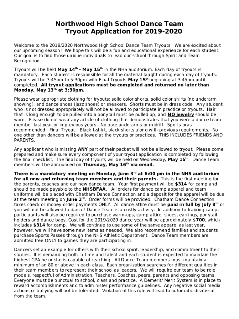 Northwood High School Dance Team Tryout Application for ... Doc ...