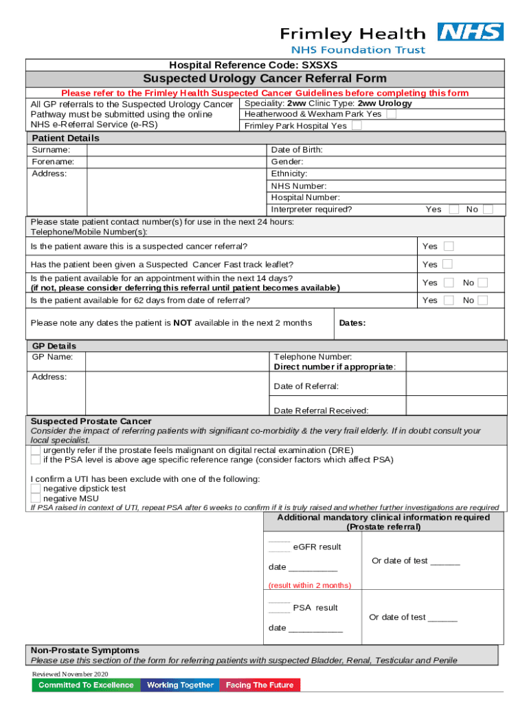 urgent referral for suspected urological cancers Doc Template | pdfFiller