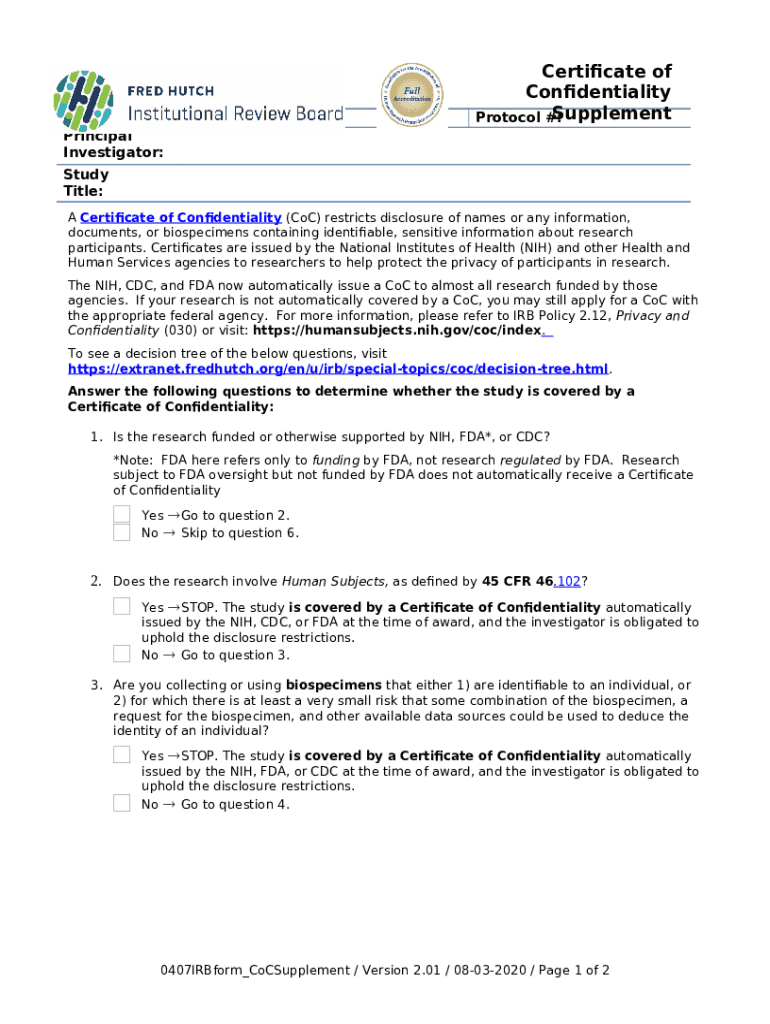 IRB Certificate of Confidentiality Supplement Doc Template | pdfFiller