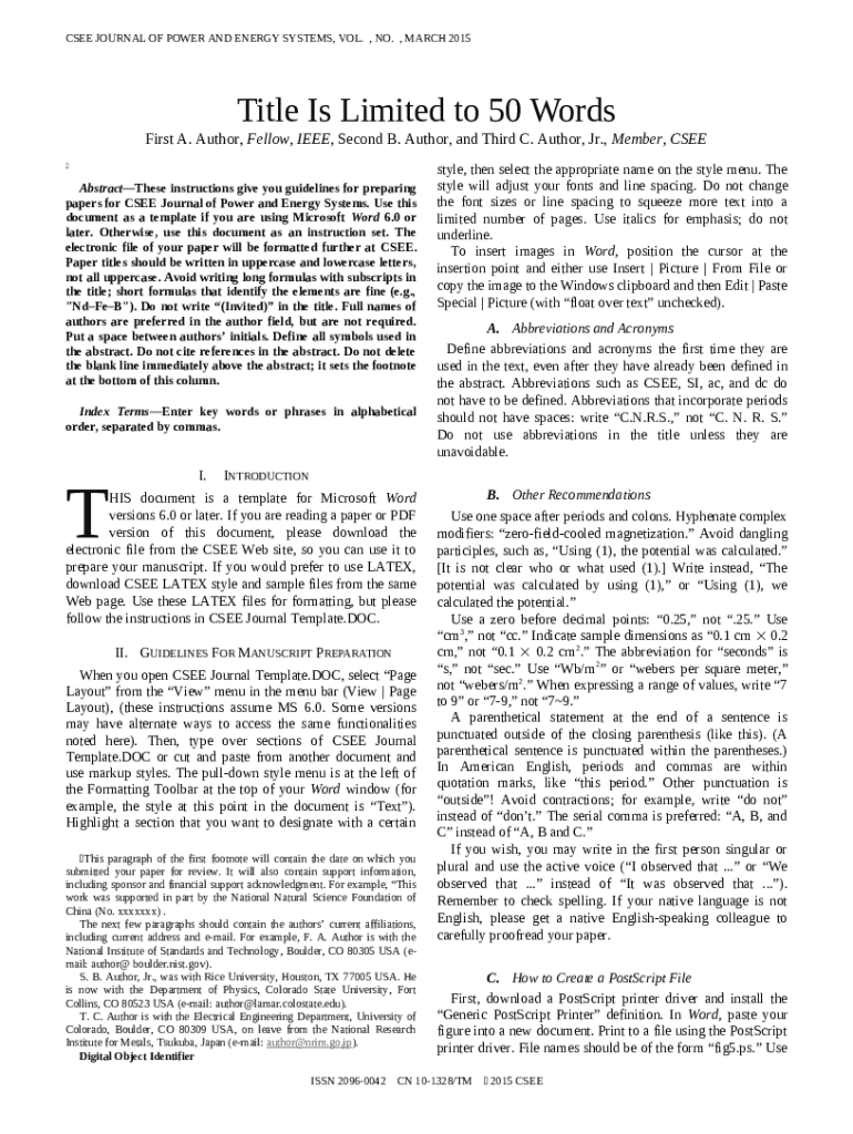 CSEE Journal of Power and Energy Systems template - Typeset Doc Template | pdfFiller