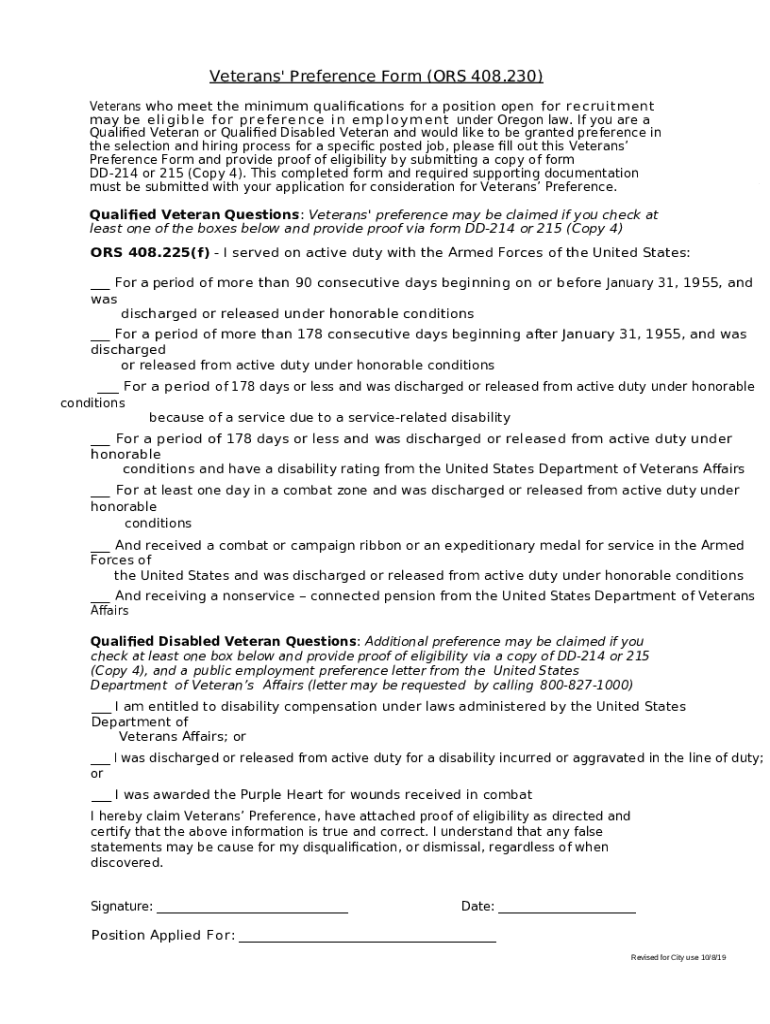 Veterans' Preference (ORS 408.230) Doc Template | pdfFiller