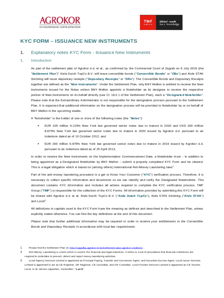 KYC - Issuance New Instruments - Agrokor Nagodba Doc Template | pdfFiller