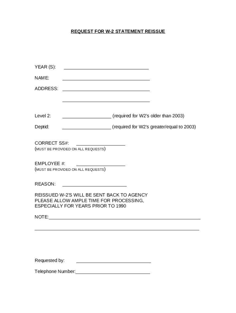 REQUEST FOR W-2 STATEMENT REISSUE Doc Template | pdfFiller
