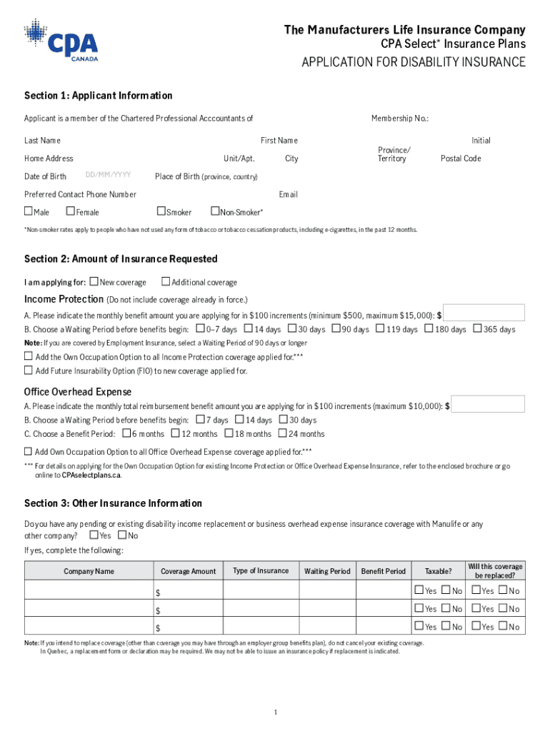 Fillable Online Manulife CPA Select Insurance Plans Application for ...