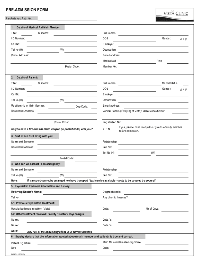 Fillable Online PRE-ADMISSION FORM - Vista Clinic Fax Email Print ...