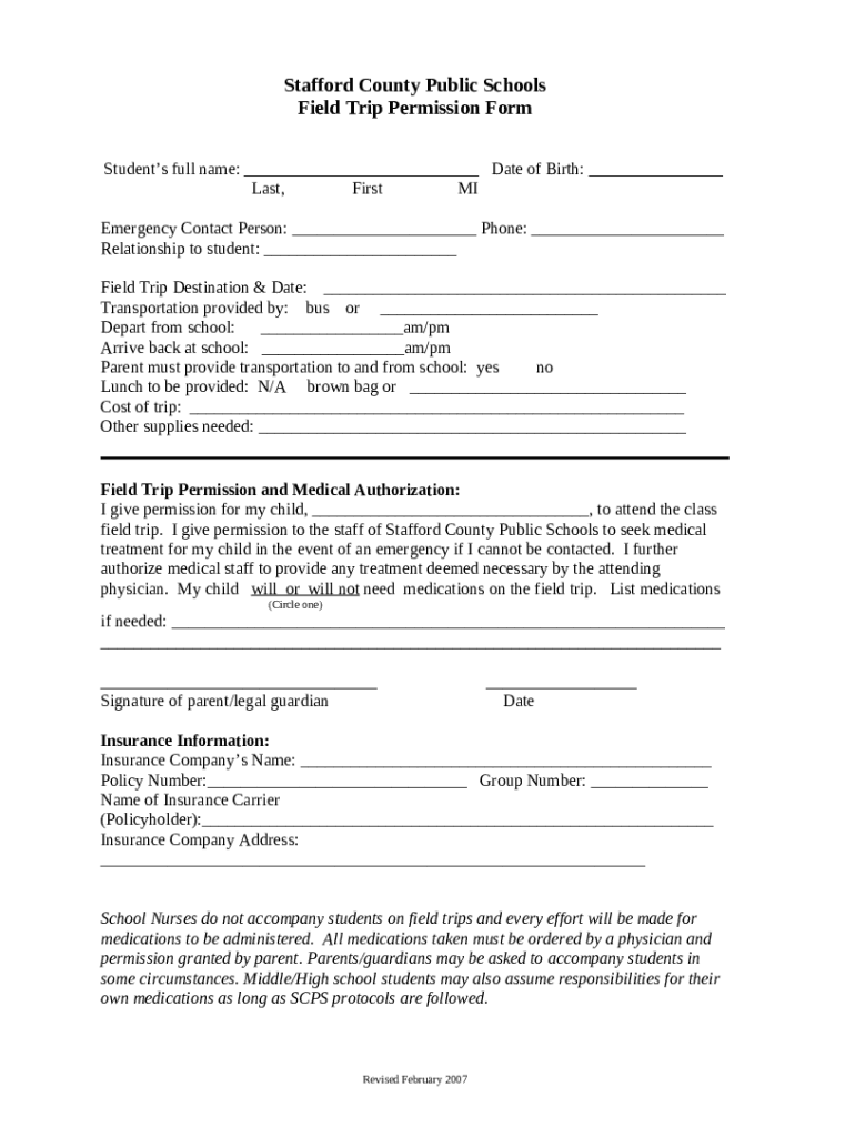 Field Trip Permission and Emergency Medical Authorization Doc Template ...