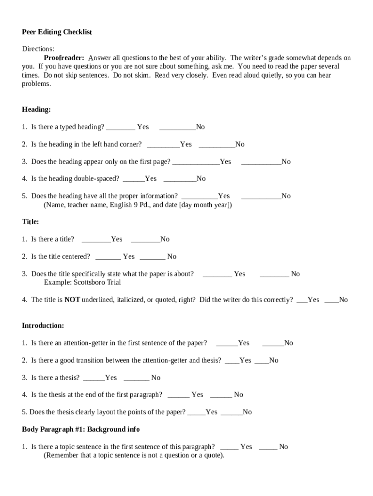 Peer Editing Checklist - Proofreader - Duke of Definition Doc Template ...