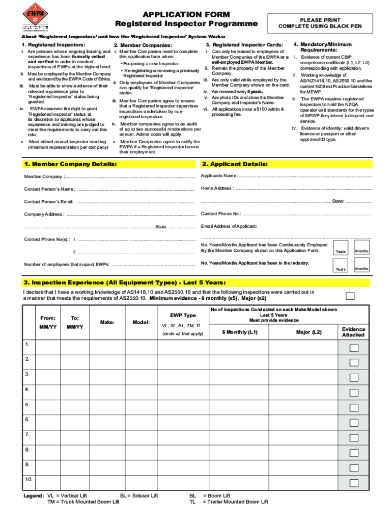 Fillable Online ewpa org APPLICATION FORM Registered Inspector ...