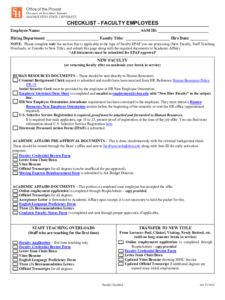 Fillable Online New Employee Checklist Faculty - Sam Houston State University Fax Email Print ...