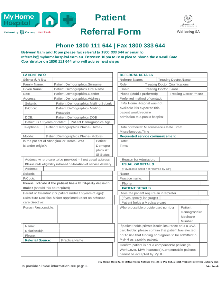 Patient Referral Phone 1800 111 644 - Adelaide PHN Doc Template | pdfFiller
