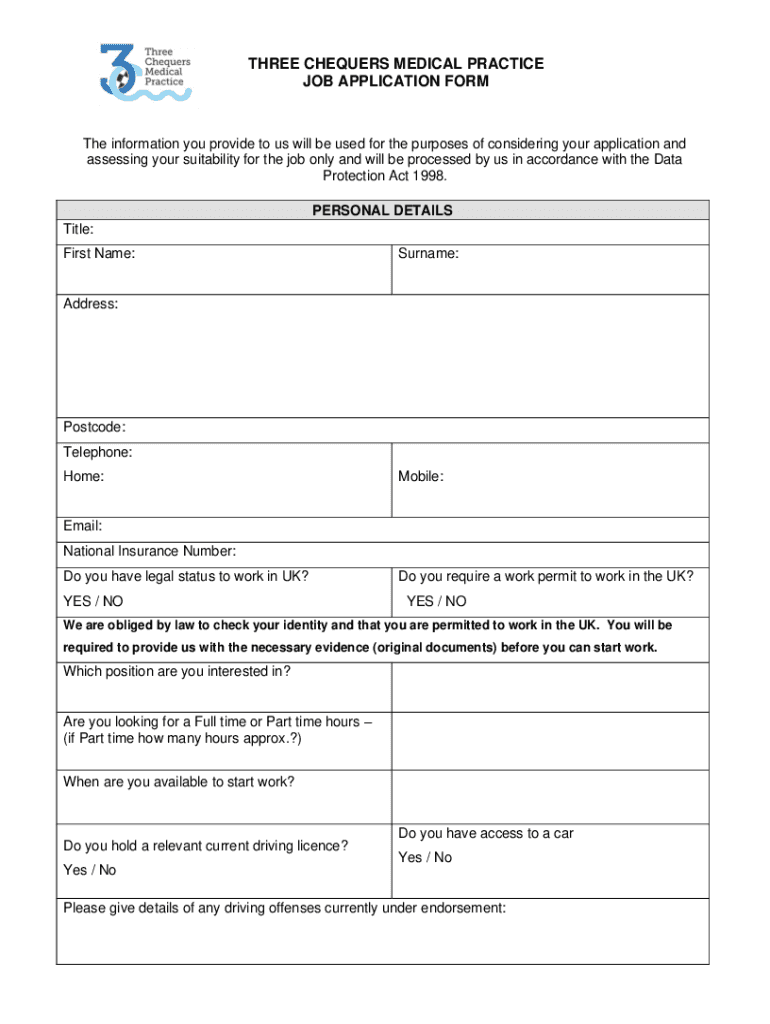 Fillable Online three chequers medical practice job application form ...