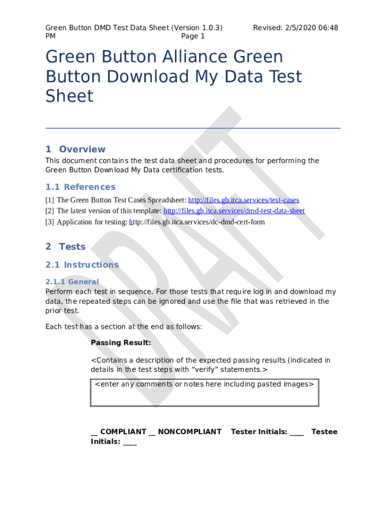 Green Button Test Data Sheet Ver. 1.0.2 Doc Template | pdfFiller