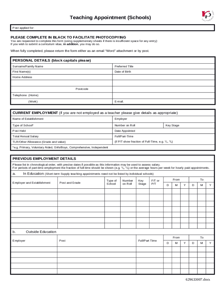 Teaching Appointment (Schools) - Roundwood Park School Doc Template | pdfFiller