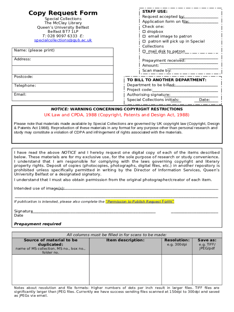 Copy Request - Queen's University Belfast Doc Template | pdfFiller