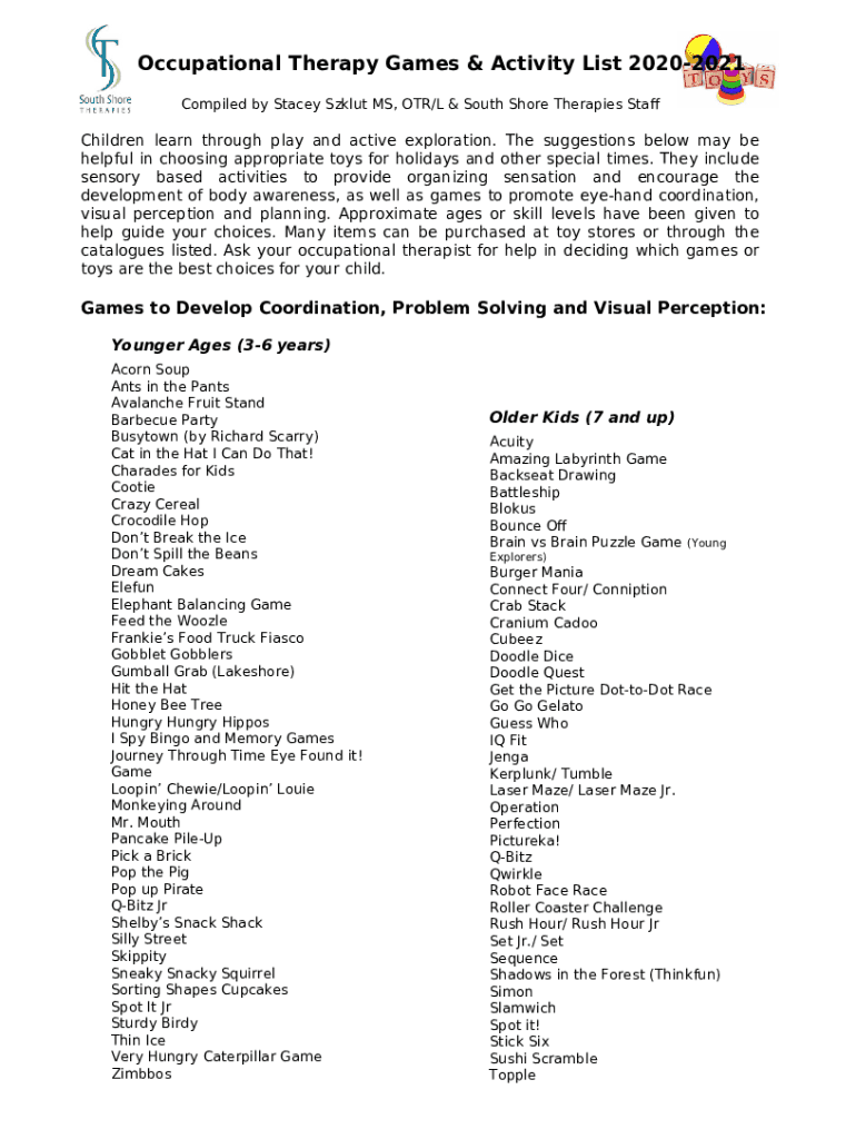 The Best Toys and Games For Occupational Therapy Doc Template | pdfFiller