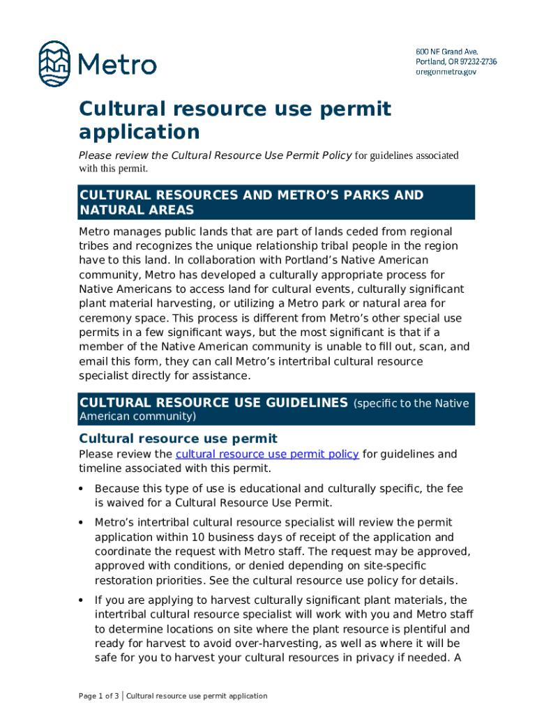 Cultural resource use permit applicationOregon Metro Doc Template | pdfFiller