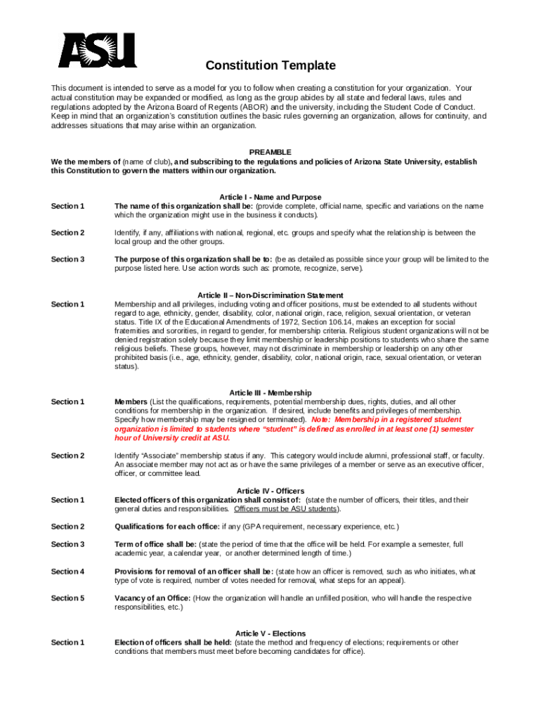 Sample Constitution - Arizona State University Doc Template | pdfFiller