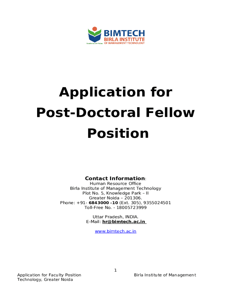 Application for Post-Doctoral Fellow Position ... - BIMTECH Doc ...