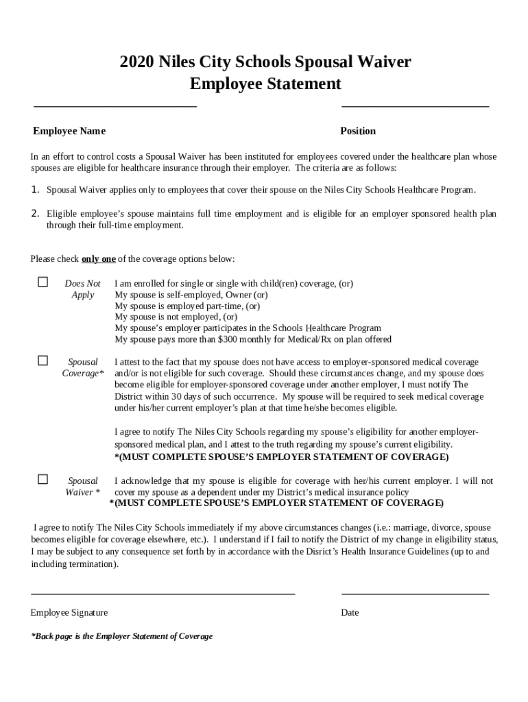 Spousal Waiver - Niles City Schools Doc Template | pdfFiller