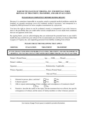 Fillable Online Babe Ruth Leagues of Virginia, Inc. EMS Refusal Form ...