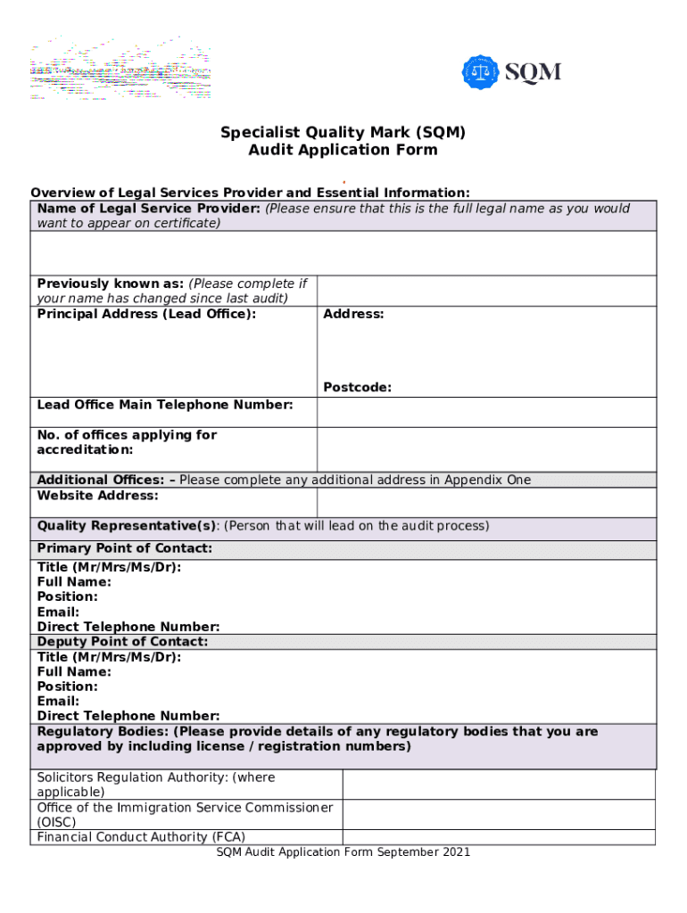Specialist Quality Mark (SQM) Audit Application Doc Template | pdfFiller