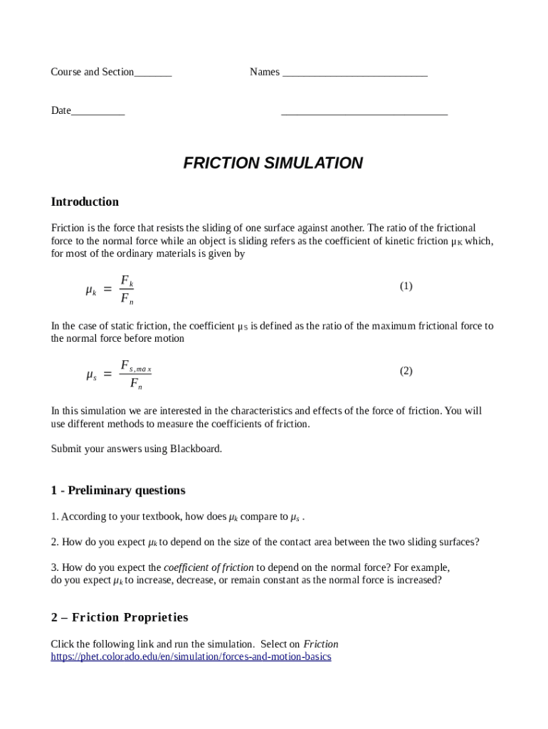 Fillable Online Friction Lab - FRICTION The goal of this lab is to ...