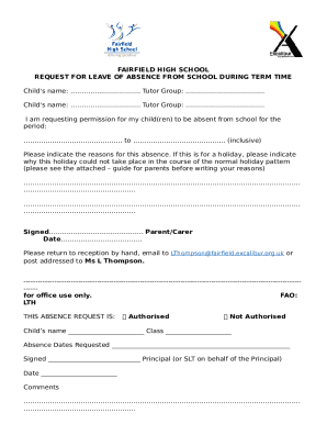 Absence from school Request Doc Template | pdfFiller