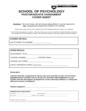 school of psychology postgraduate assignment cover sheet Doc Template | pdfFiller