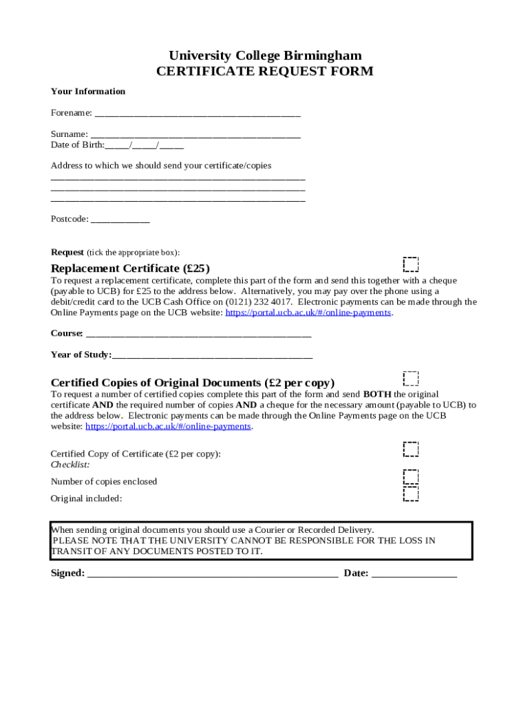 Certificate request - University College Birmingham Doc Template ...