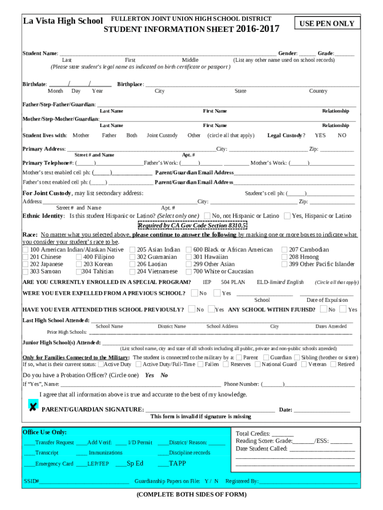 FULLERTON JOINT UNION HIGH SCHOOL DISTRICT - STUDENT INATION SHEET Doc ...