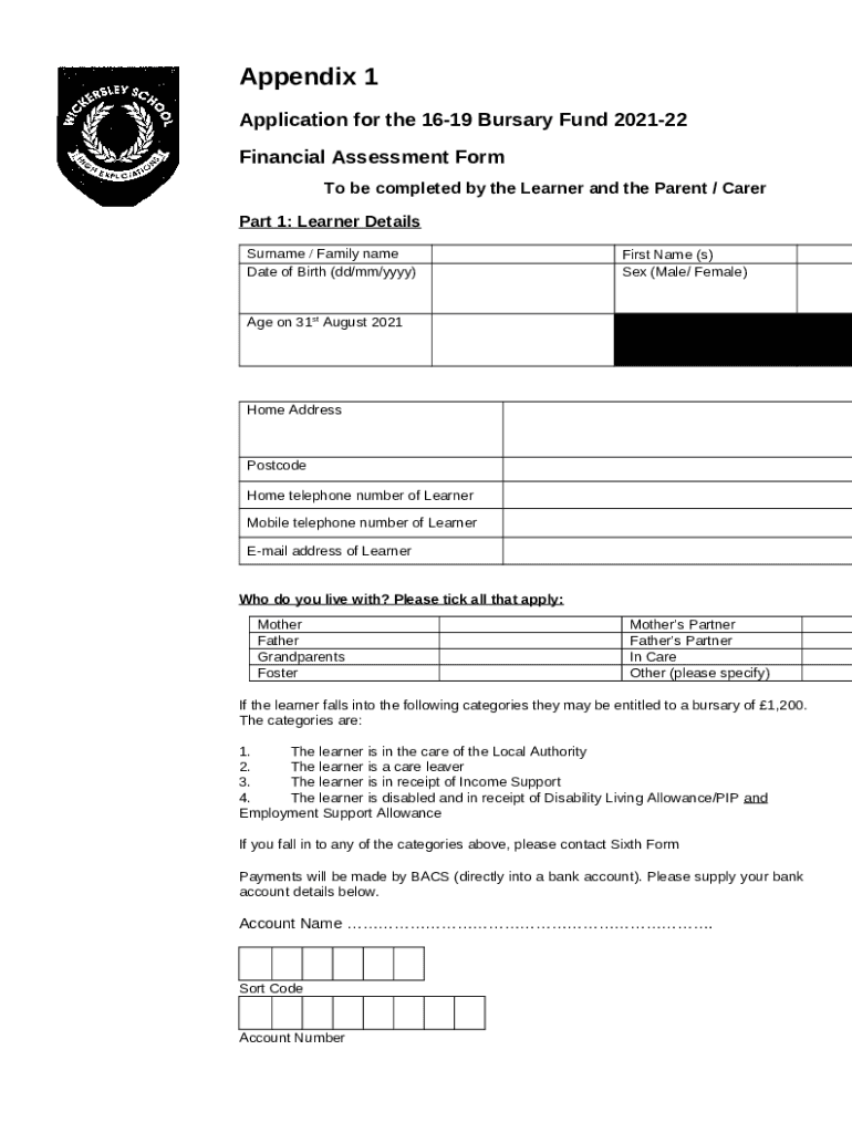 Application for the 16-19 Bursary Fund 2021-22 - sixth wickersley Doc Template | pdfFiller