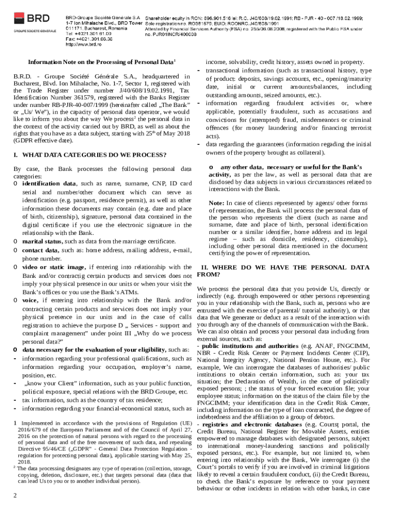 Processing of personal data - BRD.ro Doc Template | pdfFiller