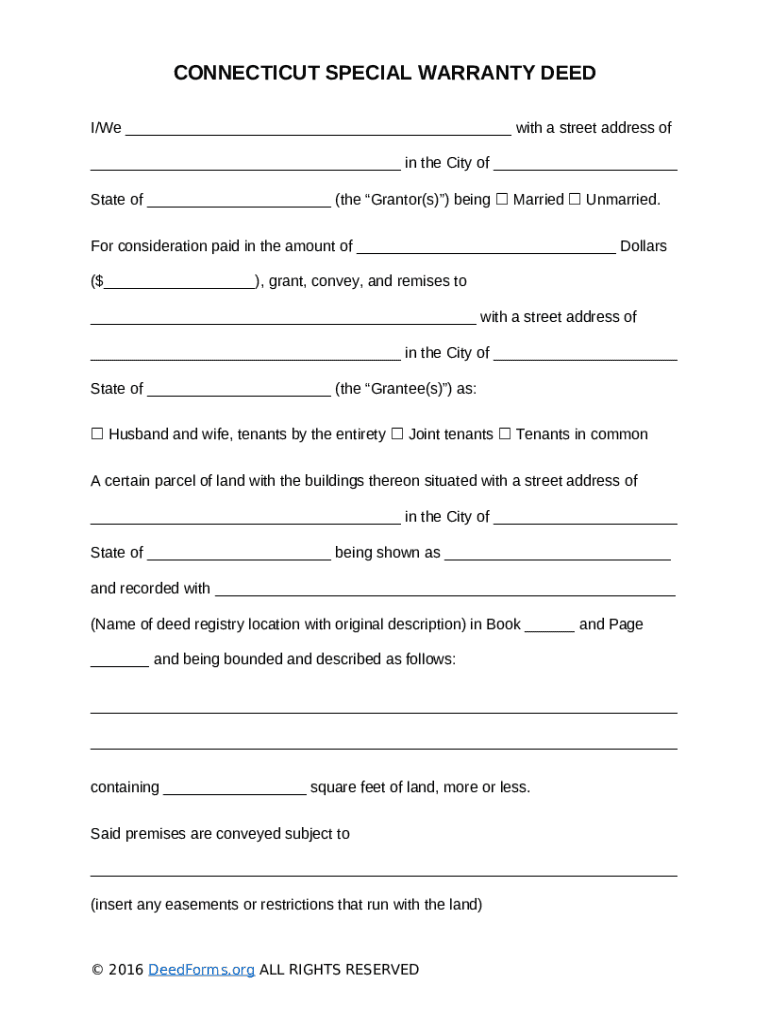 Connecticut Special Warranty Deed Doc Template | pdfFiller