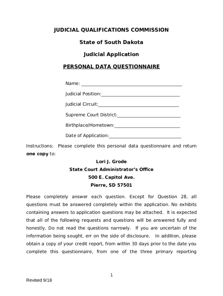 Judicial Application Personal Data Questionnaire - ujs sd Doc Template ...