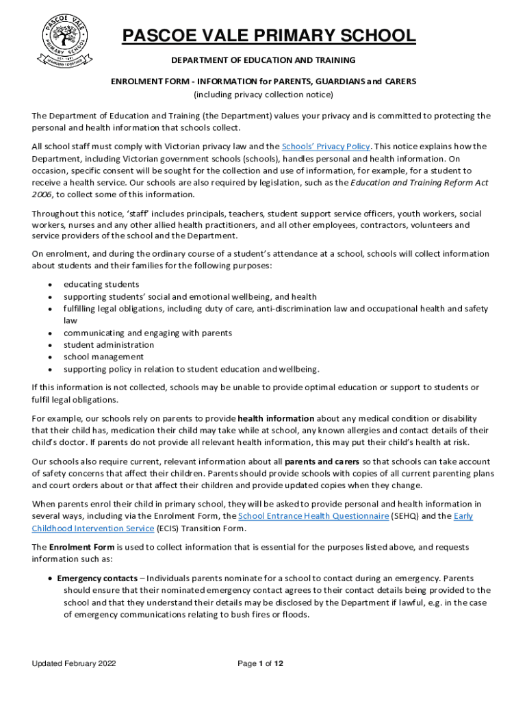 Fillable Online Student Enrolment Form - Pascoe Vale North Primary ...