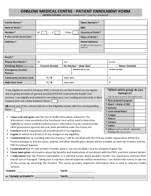 Fillable Online PATIENT ENROLMENT FORM - ONSLOW MEDICAL CENTRE Fax Email Print - pdfFiller