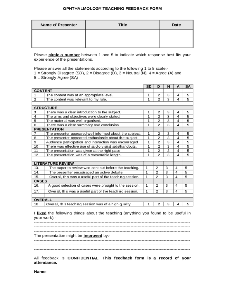 OPHTHALMOLOGY TEACHING FEEDBACK Doc Template | pdfFiller