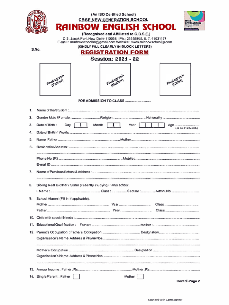 Fillable Online Registration Form 2021-22 (Rainbow English Sr. Sec. School) Fax Email Print ...