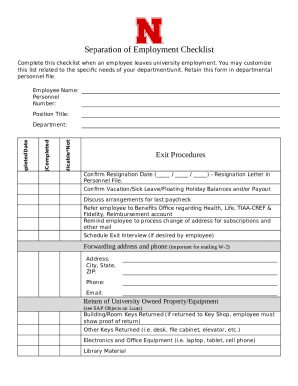 Employee Exit Checklist - University Human Resources - hr unl Doc ...
