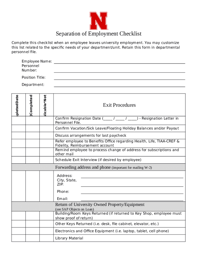 Employee Exit Checklist - University Human Resources - hr unl Doc ...