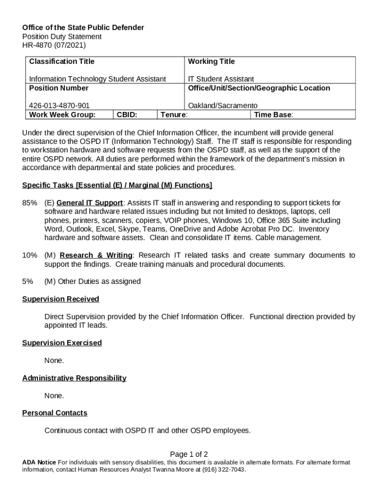 Ination Technology Student Assistant Doc Template | pdfFiller