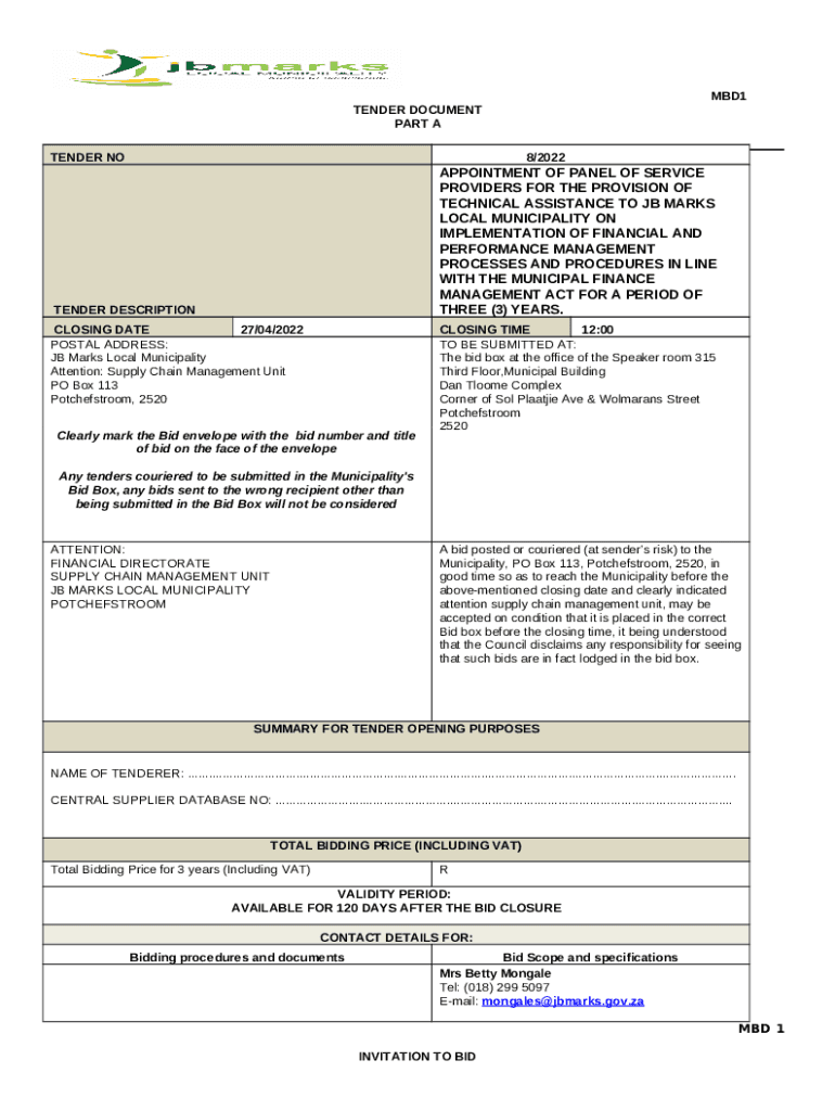 1 PART: A: INVITATION TO BID: MBD1 YOU ARE HEREBY ... Doc Template | pdfFiller