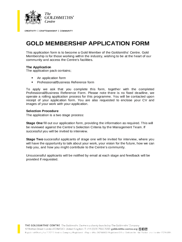 gold membership application - The Goldsmiths' Centre Doc Template | pdfFiller